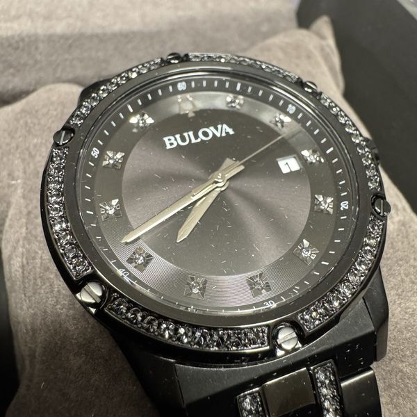 Bulova Black PVD Stainless Steel Black Crystal Pave Men's Watch- 98K119 ...