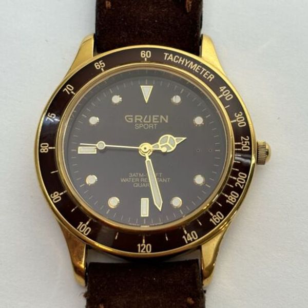 Broken Gruen Quartz Dive Watch 293-9GB Gold Tone Brown Dial - For Parts ...