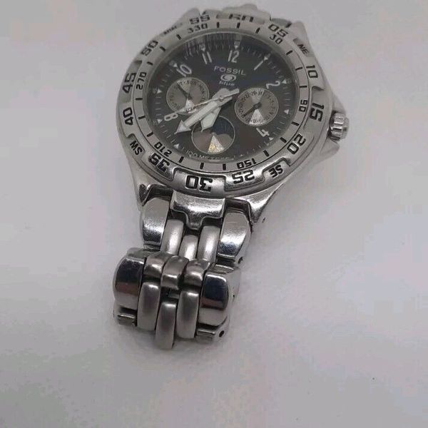 RUNNING Fossil BQ-8777 Black Face Moon Phase Day Date Rotating Bezl ...