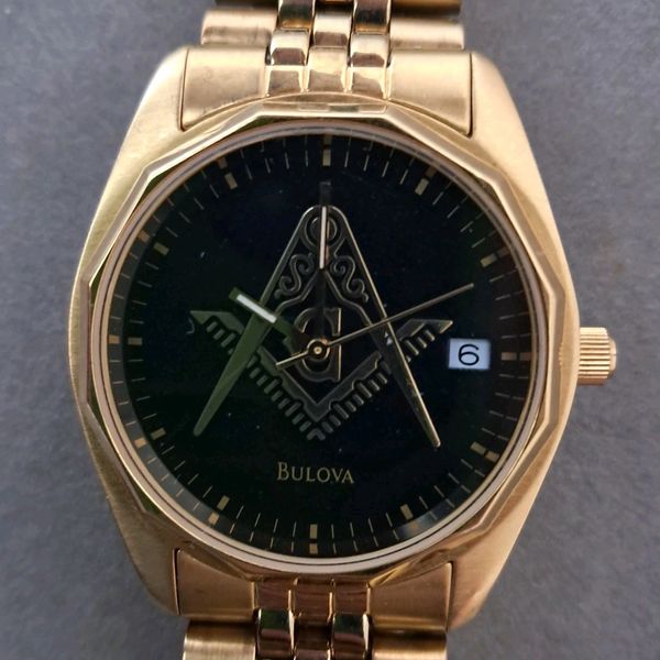 Vtg Bulova Mens Masonic Watch Gold Tone Stainless Black Dial Date ...