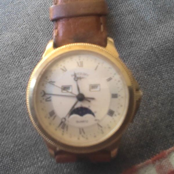 MENS GOLD TONE ROTARY WATCH . BATTERY WORKS, ORIGINAL LEATHER STRAP ...