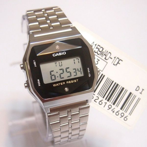 CASIO Digital Stainless Steel Watch A159WAD-1 Natural Diamonds Made in ...