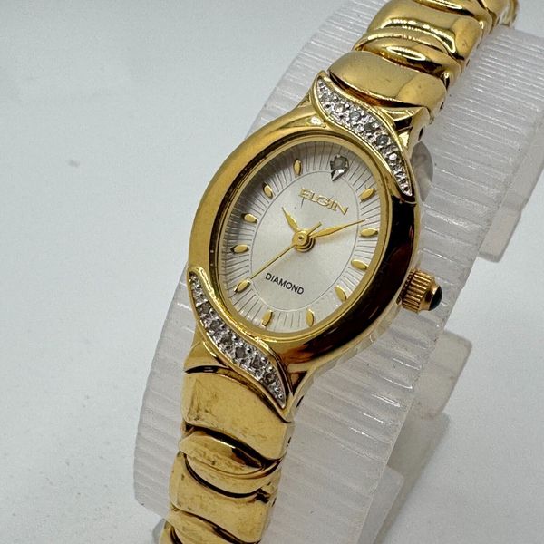Elgin Quartz Watch Women Gold Tone Oval Genuine Diamond Analog New ...