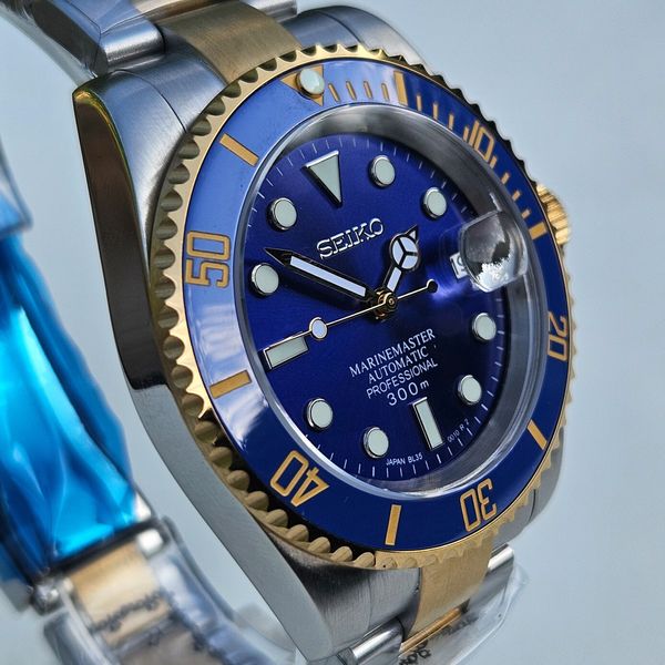 Seiko Bluesy NH35 Automatic Marine Master 40mm Watch Blue Dial Two Tone ...
