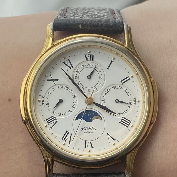 Rotary Moon-Phase Quartz Menâ s - Gentâ s Vintage Gold Plated Watch ...