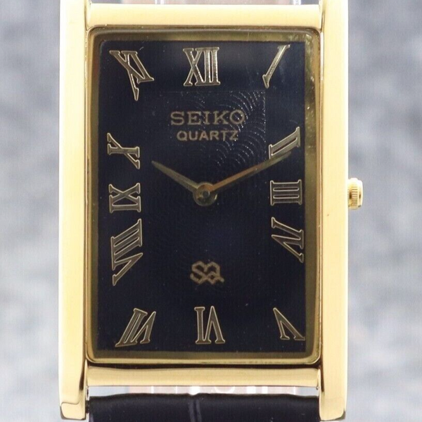 Seiko Slim Quartz BLACK FACE GOLD CASE BLACK BAND Japanese Men's Wrist ...