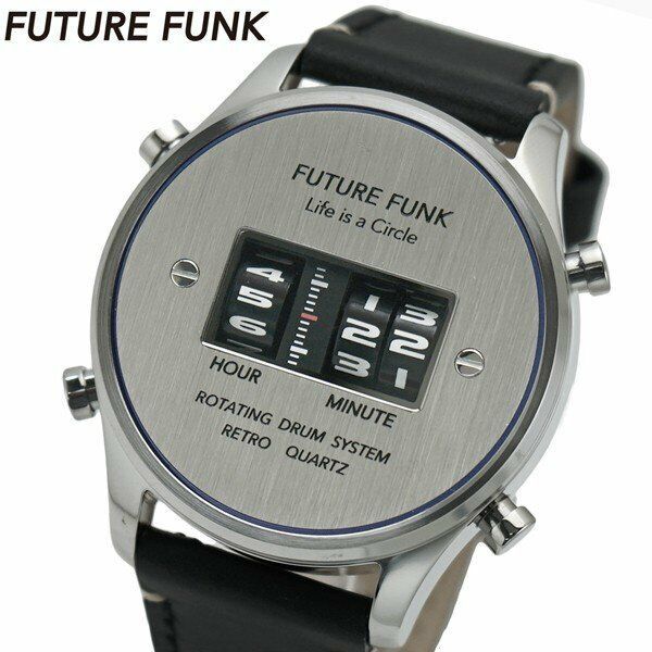 FUTURE FUNK Roller Type Watch Silver Quartz Movement Black Leather Band ...