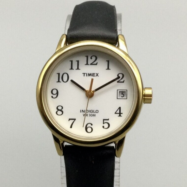 Timex Easy Reader Watch Women Indiglo 25mm Gold Tone Date Black Leather ...