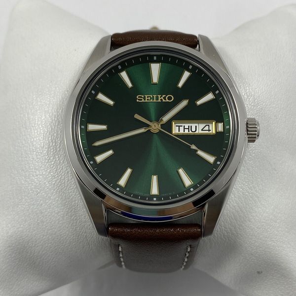 Seiko Essentials Quartz Green Dial Brown Leather Strap Men's Watch ...