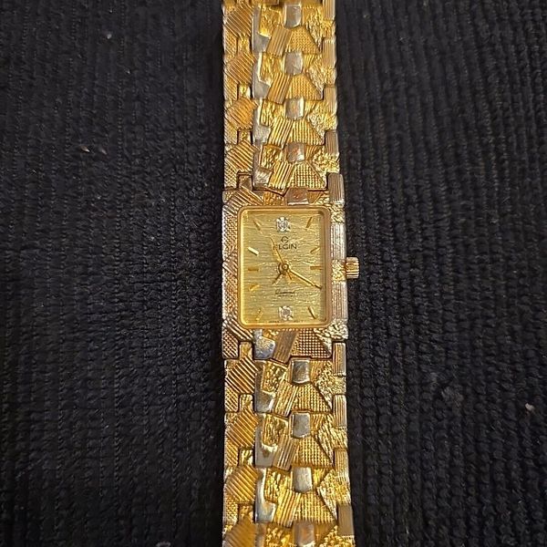 Vintage Elgin Diamond Quartz Ladies Watch Gold Tone Nugget Japan ...