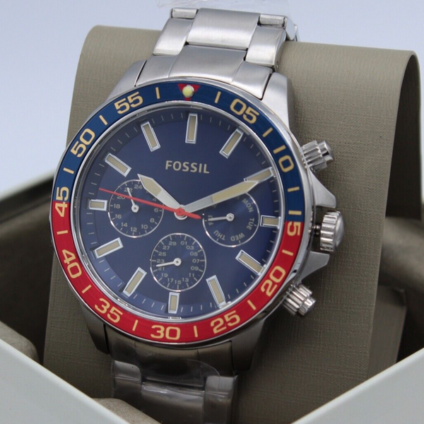 NEW AUTHENTIC FOSSIL BANNON CHRONOGRAPH SILVER NAVY BLUE RED BQ2771 MEN ...