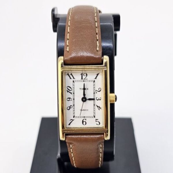 Timex Tank Watch Women 19MM White Dial Gold Tone Brown Leather Bands ...