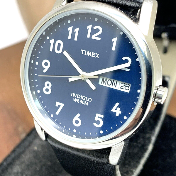 Timex Men's Watch T20031 Quartz Indigo Blue Dial Day Date Black Leather ...