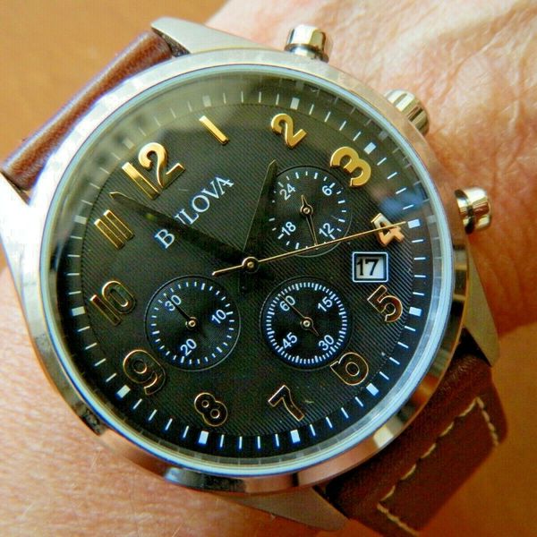 Bulova 96B301 Chronograph Quartz Mens Watch Gray Dial Brown Leather ...