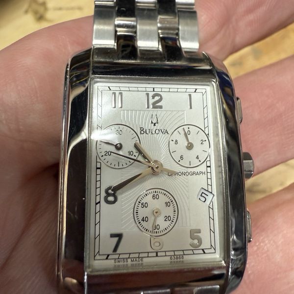 BULOVA Menâ s Watch White Square Rectangle Face Steel Band & Box Date ...