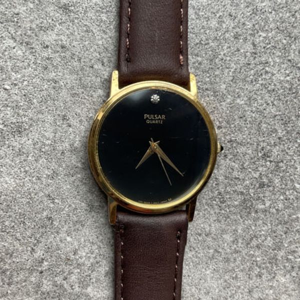 Vintage Pulsar Mens Watch 32mm Gold Tone Case W/Black Dial Leather Band ...