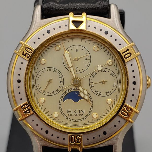 Vintage Elgin FS-408 Calendar Moon Phase Quartz 37 mm Mens Watch Two ...