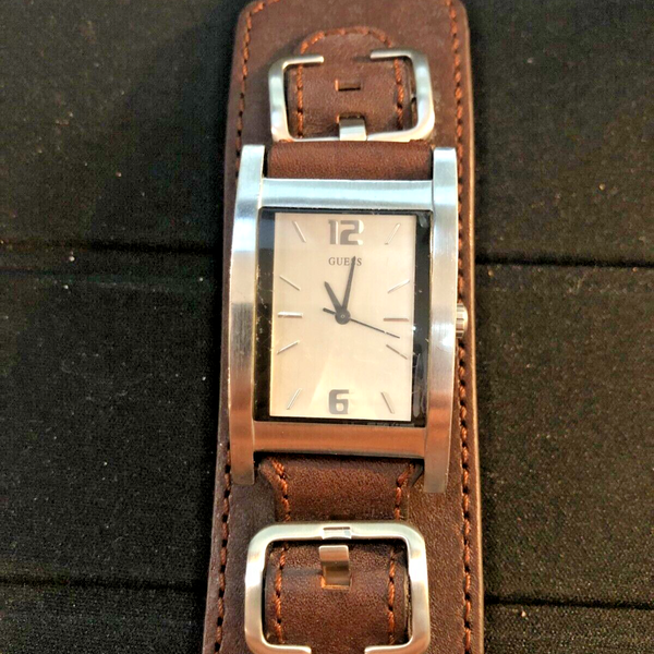 Guess Men's Stainless Steel Watch Wide Leather Band NEW BATTERY Works ...