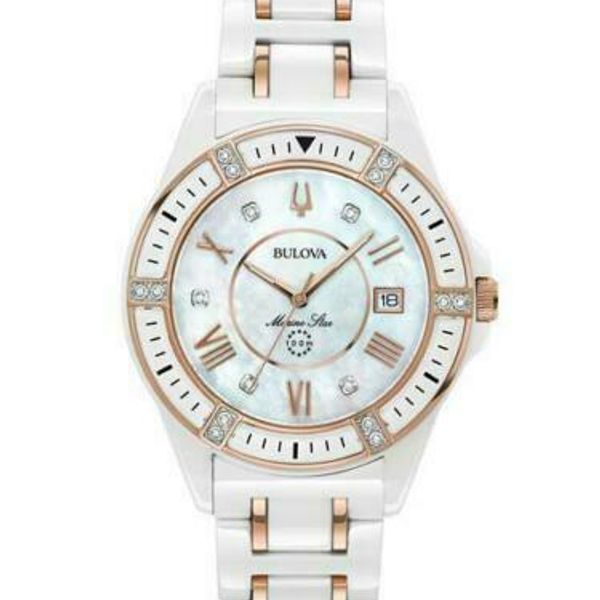 New Bulova 98R241 Marine Star White Ceramic Rose Gold Diamond 37mm ...