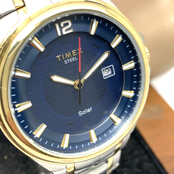 Timex Men's Watch TW2V39700 Solar Blue Dial Date Two Tone Stainless ...