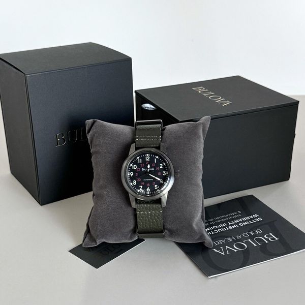 Bulova Men's Watch Hack Automatic Black Dial 38MM Green Leather Strap ...