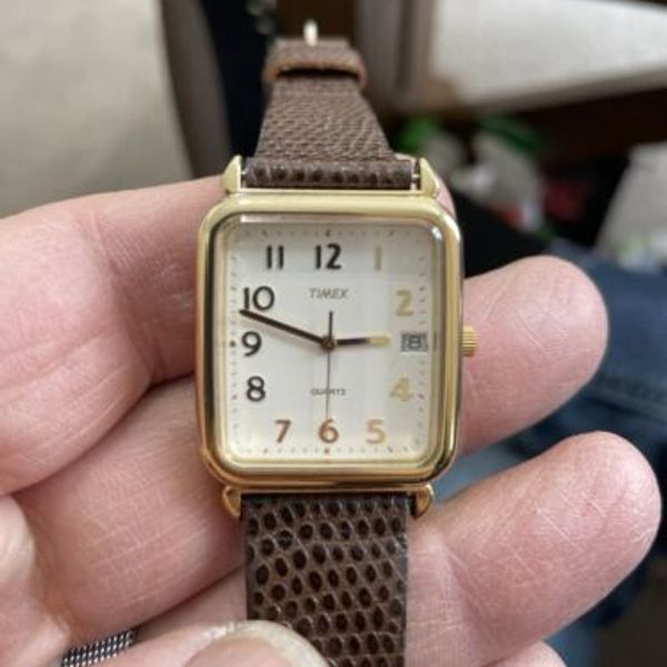 TIMEX Vintage Watch Gold Tone Tank On Leather Quartz 28 mm T 88 ...