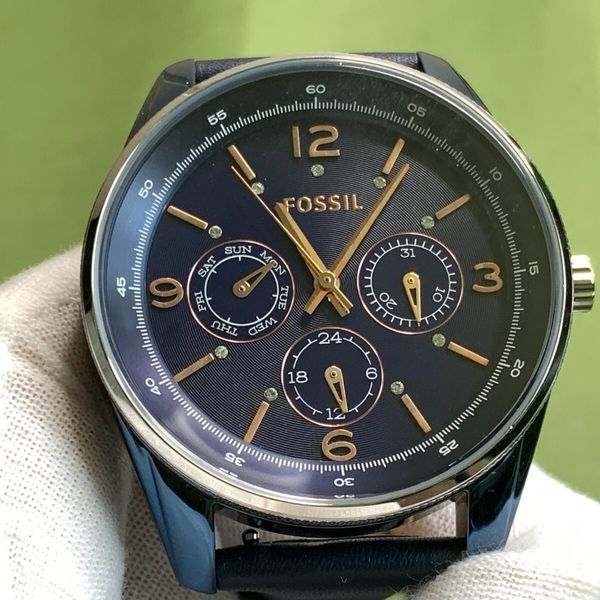 FOSSIL BQ3208 DAY-DATE Blue Dial Blue Leather Strap 5 Atm s/s Quartz ...