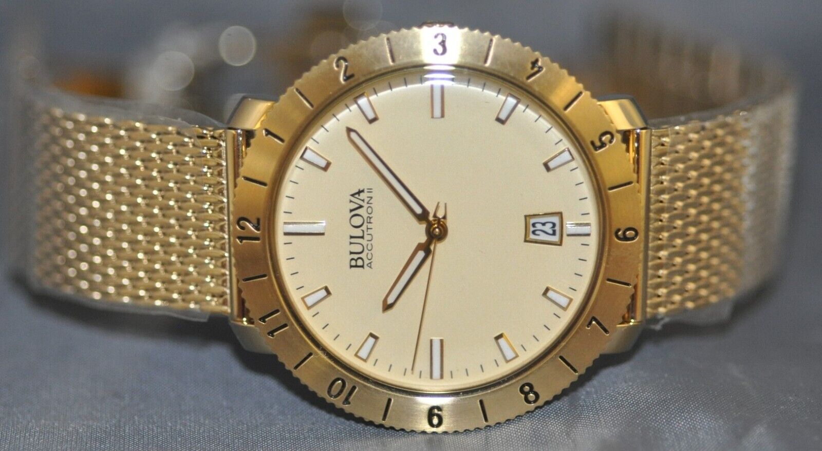 Bulova Men's Accutron II Moonview Gold Dial Gold Stainless Steel Watch ...