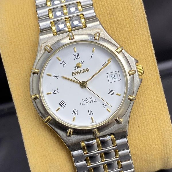 Rare Enicar 50M Quartz White Dial Roman Index Date Two Tone Vintage ...
