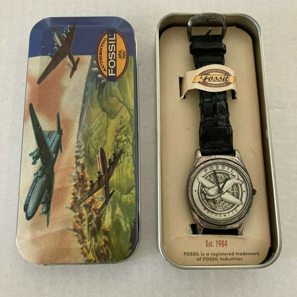 Vintage Fossil Airplane Watch With Metal Collector Tin GR-9014 3ATM ...