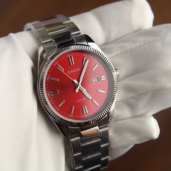 Casio MTP Series Quartz (38.5mm) Cherry Red Sunray Dial MTP-1302PD ...