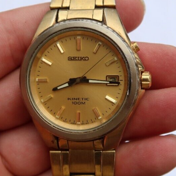 RARE Vintage Men's Seiko Kinetic Gold Tone Watch Date 5M62-0D50 Working ...