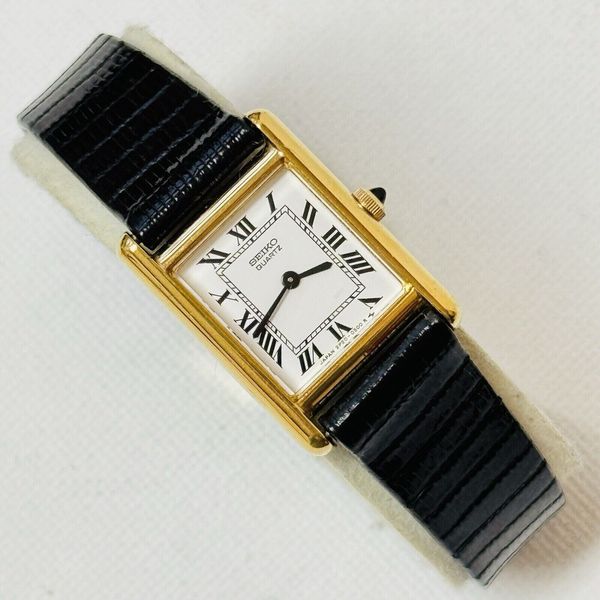 Vintage Seiko Women's Tank Watch Gold Black Leather Roman 2P20-5289 ...