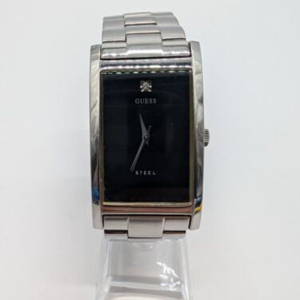 Guess Men's Tank Stainless Steel Genuine Diamond Black Dial WORKING New ...
