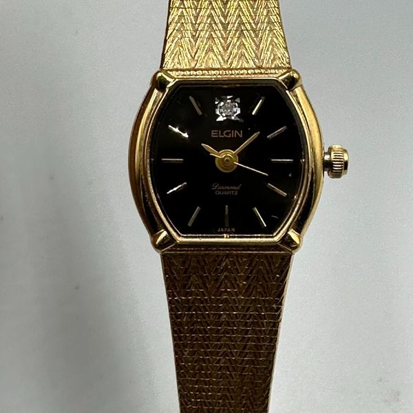 Elgin Watch Women Gold Tone Black Dial Small Dainty Diamond Accent New ...