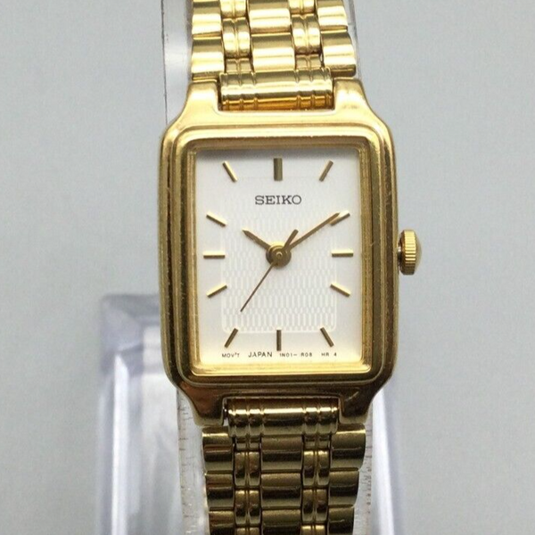 Vintage Seiko Watch Women Gold Tone Rectangle 1N01-5E70 New Battery 6.5" | WatchCharts Marketplace