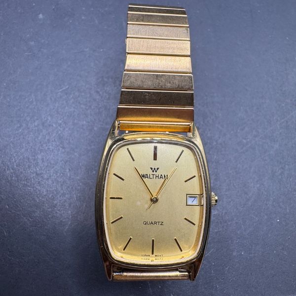 Vtg Waltham Tank Men's Quartz Watch XC04 White Dial Gold Tone Date ...
