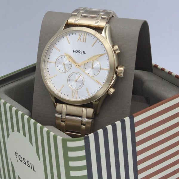 NEW AUTHENTIC FOSSIL FENMORE CHRONOGRAPH MIDSIZE GOLD SILVER MEN'S ...