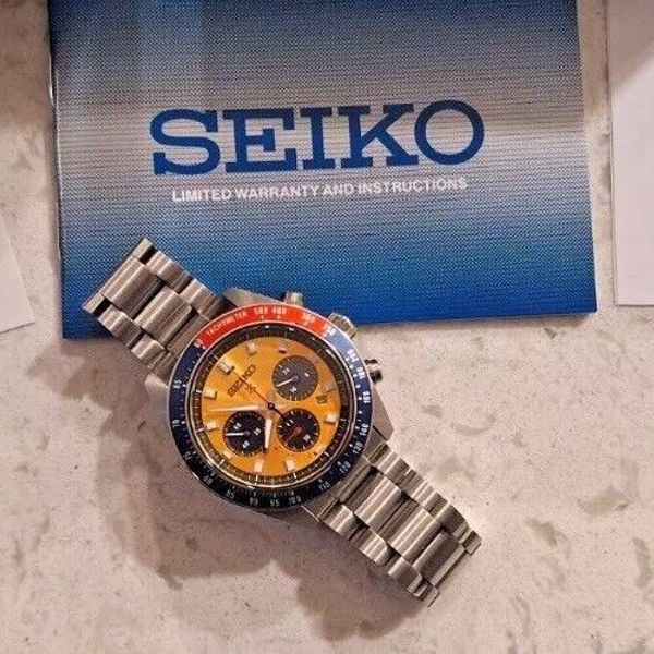 Seiko Prospex Speedtimer Pogue Solar Steel Bracelet Gold Dial Watch ...