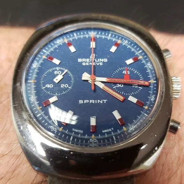 Breitling Sprint ref 2051 SERVICED Blue Dial Strap 1975 Vintage Valjoux ...