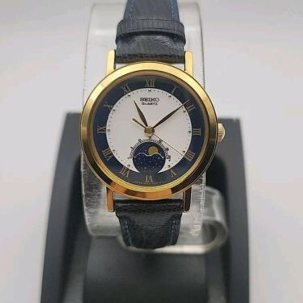 VTG Seiko Moon Phase Watch Women White Dial Gold Tone 4K22â 0089 Lizard ...