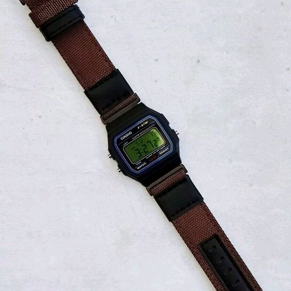 Casio F-91W Custom Brown Nylon Leather Strap Green Screen Filter Retro ...