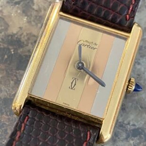 AUTHENTIC Must De CARTIER Tank Gold Plate Sterling Silver Tricolor Dial ...