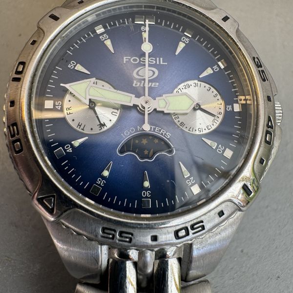 Fossil Blue BQ-9139 Stainless Steel 100 Meters Moon Phase Men Divers ...
