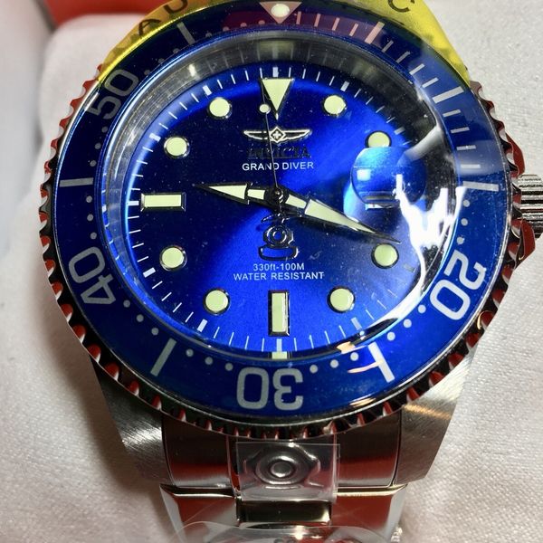 INVICTA GRAND DIVER DUAL TIME SEIKO NH35 AUTO 47MM SMURF BLUE SUNBURST ...