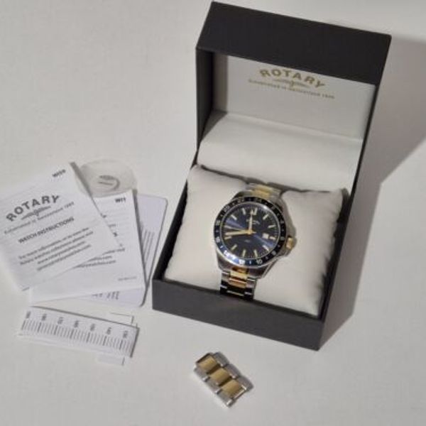 Rotary Gents Havana GMT Watch GB05082/05 Gold Silver Blue - With Box ...