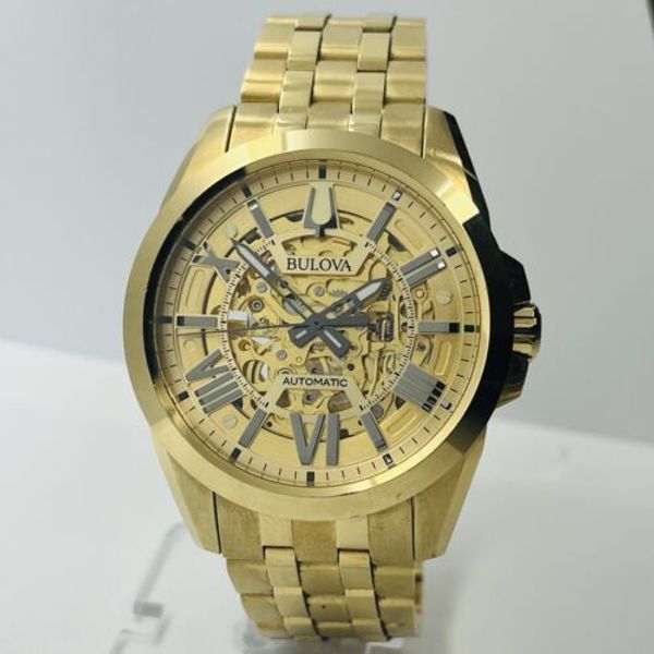 Bulova Sutton Men's Automatic Skeleton Dial Gold Steel 46mm Watch ...