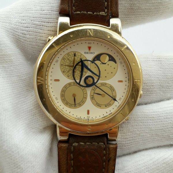 SEIKO LEVANTE 7F38-7040 MOONPHASE TRIPLE DATE QUARTZ 7F38A GOLD PLATED ...
