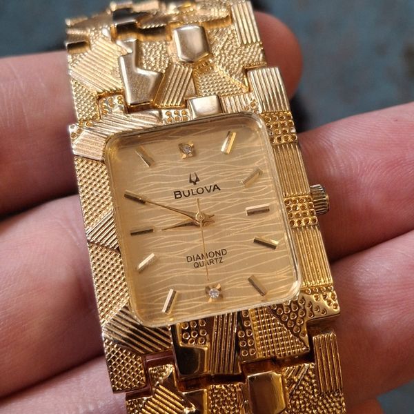 Vintage A0 2000 Bulova 18K Gold Plated Nugget Diamond Mens Watch WORKS ...