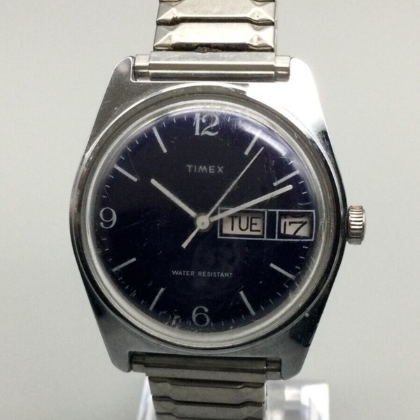 Vintage Timex Watch Men Silver Tone 1980s Blue Dial Day Date Stretch ...